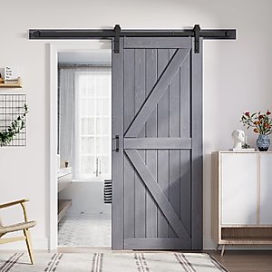 FREDBECK 36in x 84in Gray Barn Door Slab with 6.6ft (79inch) Barn Door Hardware Track Kit and Handle Floor Guide Included, Double Surfaces,Simple Assembly is Required,K-Frame,Grey