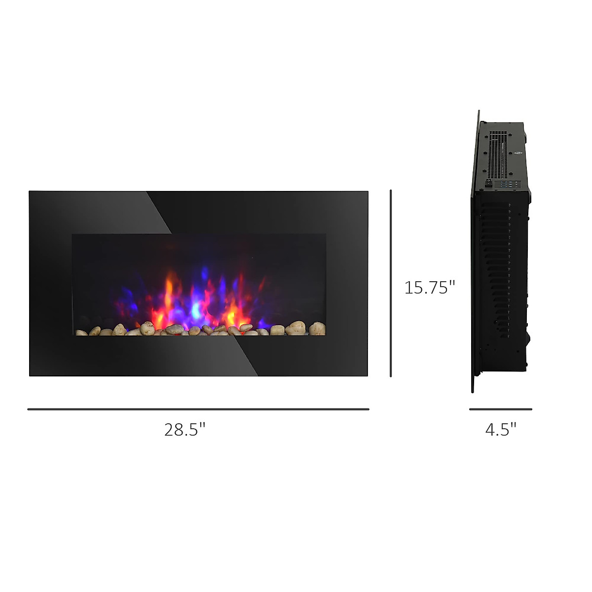 HOMCOM 28.5" 1500W Electric Wall-Mounted Fireplace with Flame Effect, 7 Color Background Light, Black