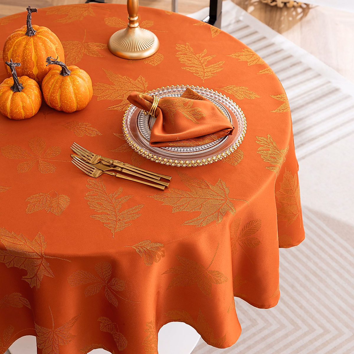 joycloth Fall Tablecloth Autumn Metallic Leaf Weaven Damask Farbric Tablecloths, Spillproof Easy Care Tablecover for Thanksgiving, Harvest, Gathering Party Decoration, Rust, Round 60 Inch