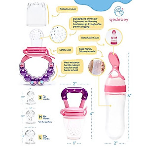 Gedebey Baby Fruit Feeder Pacifier - 3 Pack | 2 Silicone Baby Feeder Pacifiers & 1 Baby Feeding Spoon | Frozen Fruit Teether | Forage Feeder | Food Pacifier for Babies | Baby Food Spoon (Pink)