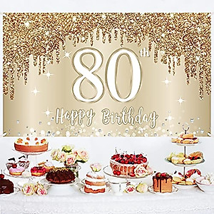 Happy 80th Birthday Banner Backdrop Decorations for Women, Gold White 80 Birthday Sign Party Supplies, Eighty Year Old Birthday Photo Booth Background Poster Decor(72.8 x 43.3 Inch)
