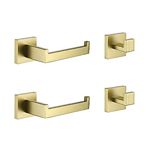 LANC 4 Piece Gold Bathroom Hardware Set, Square Brushed Gold 2 Pack Toilet Paper Holder and 2 Robe Towel Hooks, Stainless Steel Wall Mounted 2 Tissue Roll Holder and Coat Hooks Hanger, A8857BG