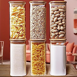 HomArtist Square Glass Jars with Bamboo Lids 34 FL OZ [Set of 6], Glass Canisters with Airtight Lid, Glass Food Storage Container for Pasta, Flour, Sugar, Rice, Best for Kitchen & Pantry