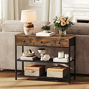 HOOBRO 39.4" Narrow Console Table with 3 Fabric Drawers, Small Entryway Table with 3-Tier Storage Shelves, Thin Sofa Table, Side Table, for Living Room, Hallway, Rustic Brown and Black BF82XG01