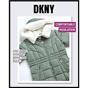 DKNY Girls' Winter Coat - Sherpa Fur Lined Heavyweight Quilted Puffer Parka - Insulated Winter Ski Jacket for Girls (4-16), Size 7-8, Sage