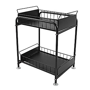 Oumefar Under Sink Organizer  , Anti Rust Pull Out Mesh Basket Stable 2 Tier Stackable Multi Use with Sliding Drawer for Kitchen