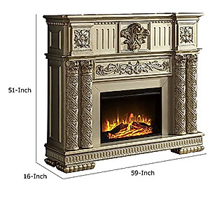 Benjara Jess 59 Inch Classical Electric Fireplace, Carved, Remote, Timer, Gold