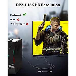 Maxonar VESA Certified DisplayPort 2.1 Cable, 16K DisplayPort Cable 2.0 Supports 80Gbps,16K@60Hz, 10K@60Hz, 8K@60Hz, 4K@165Hz, HDR, HDCP 2.2, 3D, ARC for Gaming Monitor, TV, PC, Laptop(6.6FT/ 2M)