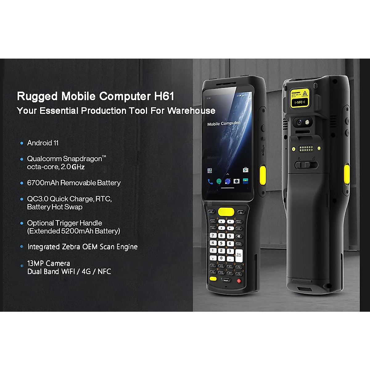 Rugged Android Handheld PDA Warehouse Inventory Barcode Scanner, Integrated Zebra 2D Scan Engine, Physical Keypad, GPS, WiFi & 4G for WMS & Logistics