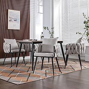 Gecheer Pure Ivory Modern Velvet Dining Chairs Set of 2 Hand Weaving Accent Chairs Living Room Chairs Upholstered Side Chair with Black Metal Legs for Dining Room Kitchen Vanity Living Room