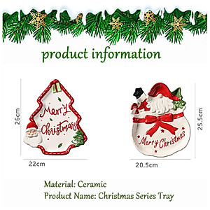 christmas dinner platesCeramic plate Christmas tableware hand drawn pattern Santa Claus Christmas pine tree design for dessert fruit salad(Color:2)