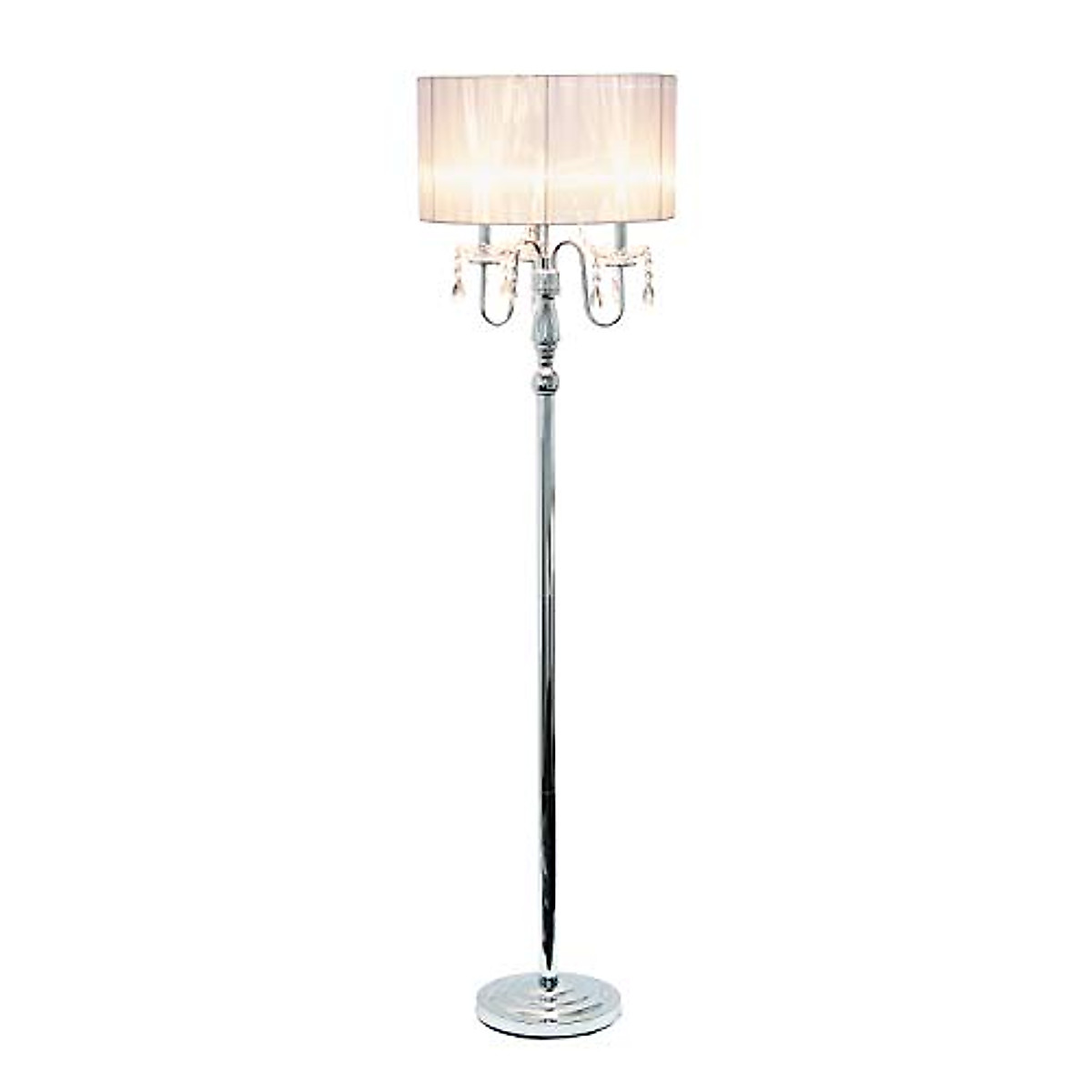Elegant Designs LF1002-WHT Romantic Cascading Hanging Crystals Sheer Drum Shade Chrome Floor Lamp, White