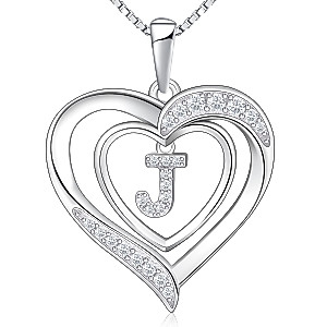 RIVIKO Heart Initial Necklace for Women, 925 Sterling Silver Dainty Letter Pendant Necklaces, Sterling Silver, Cubic Zirconia