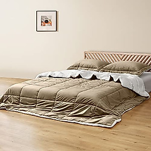 PEACE NEST Ultra-Soft Sherpa Comforter Bed Set, Winter Warm Comforter Fuzzy Plush, 3-Piece Down Alternative Comforter Set, Heavy Weight Reversible, Gold, Queen Size, 90" X90"