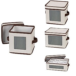 HOUSEHOLD ESSENTIALS China Storage Box Bundle | Dinnerware and Coffee Cup Cases | Natural Canvas with Brown Trim