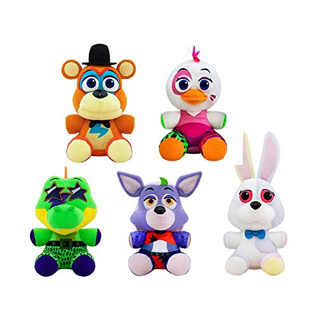 Five Nights at Freddy FNAF Security Breach Plush Set of 5 - Glamrock Freddy, Glamrock Chica, Montgomery Gator, Roxanne Wolf and Vannie