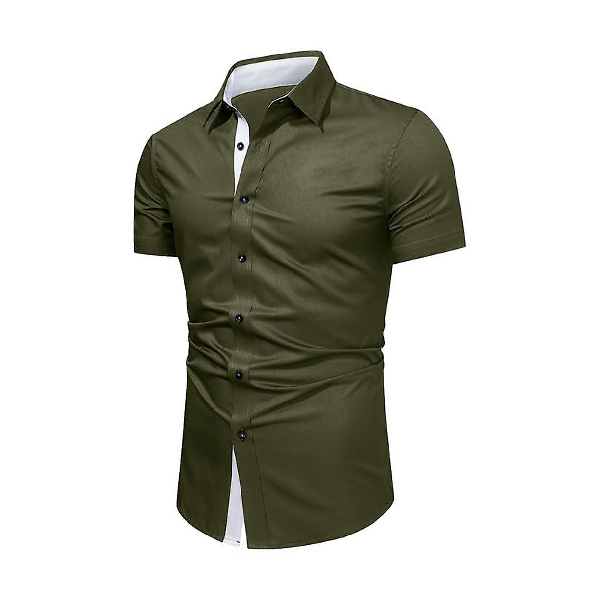 JMIERR Men's Casual Button Down Shirts Wrinkle-Free Short Sleeve Business Muscle Slim Fit Non Iron Dress Shirt for Men, XL, Olive Green