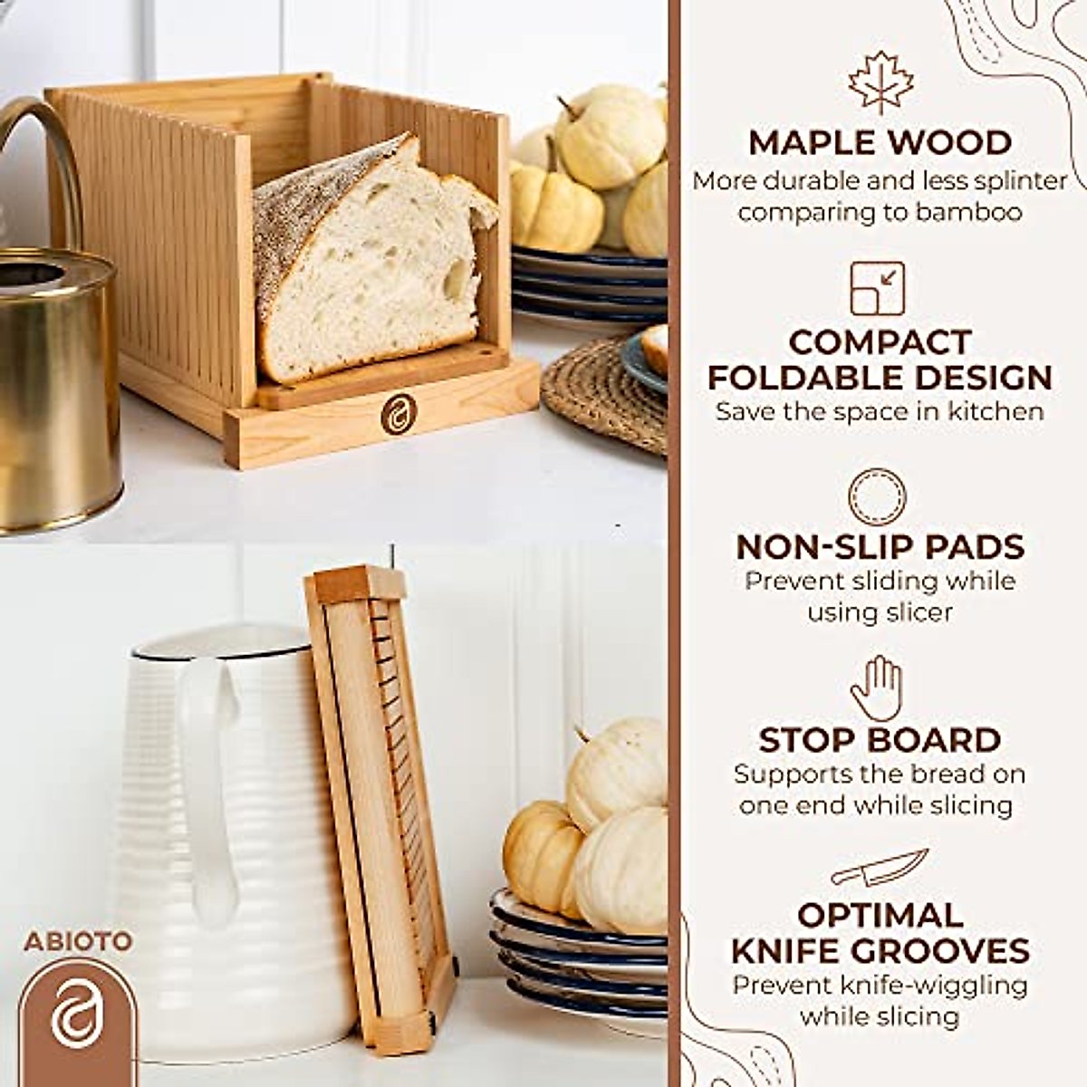 Bread Slicer for Homemade Bread (Hard Maple Wood) – 4 Different Thickness Options for Even and Consistent Bread Slices - Compact Foldable Bread Slicing Guide with Optimal Knife Grooves