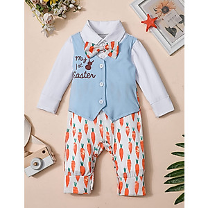 Aulyffo My First Easter Baby Boy Outfit 9-12 Months Baby Boy Easter Outfit Long Sleeve Bunny Romper Radish One Piece Jumpsuit with Bow Tie Easter Outfit Baby Boy Clothes