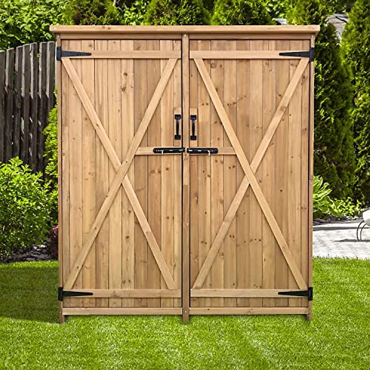 Hanover Outdoor Durable Double Door Wooden Shed for Tools and Garden Supplies with Shelf and Locking Latch, 36 Cu.Ft. Capacity (4.4' x 5' x 1.6'), Outdoor Storage for Backyard with Waterproof Roof