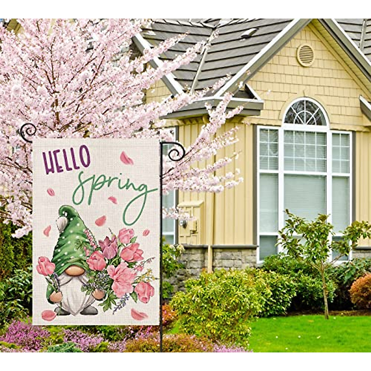 Hello Spring Garden Flag for Outside 12x18 Double Sided,Gnome with Flowers Small Yard Flag, Summer Seasonal Decors for Outdoor Anniversary Wedding Farmhouse Holiday