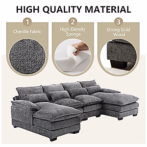 Lakifun Convertible Sectional Sofa, Chenille Fabric U Shaped Couch 4 Seat Sofa with Double Chaises for Living Room, Grey