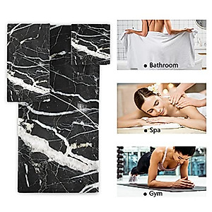 Naanle Black and White Marble Towel 3 Piece Set Bath Towels Set for Bathroom Highly Absorbent Cotton, 1 Large Bath Towel+ 1 Hand Towel+ 1 Washcloth, Pack of 3 Softness Towels for Decoration