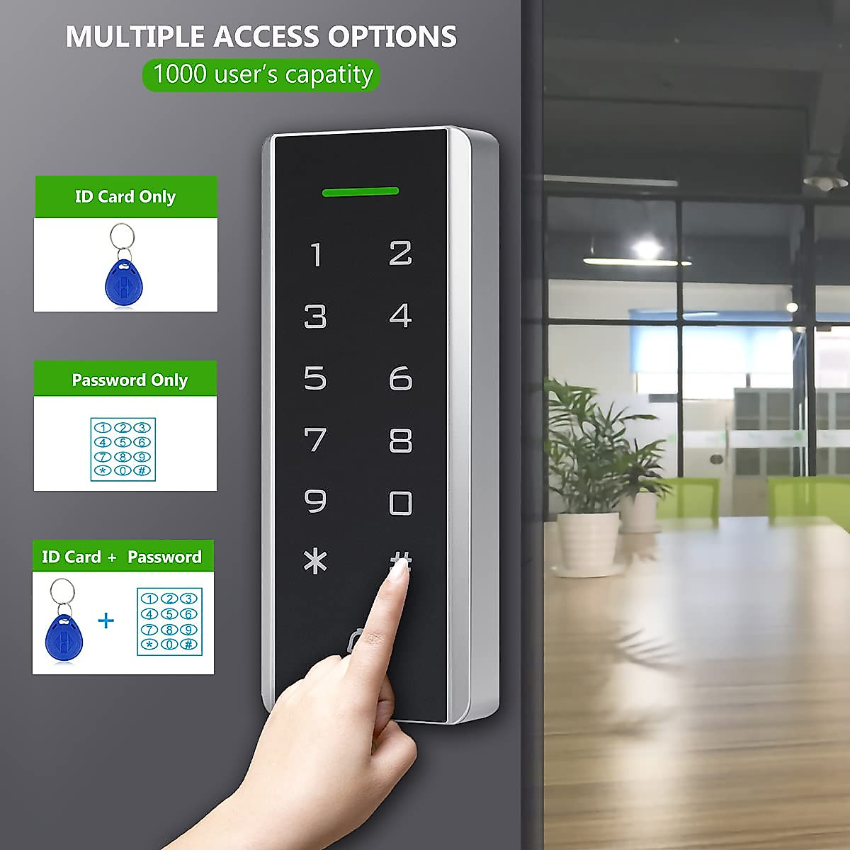 Door Access Control System, 125KHz Proximity ID Card Access Control Keypad Support 1000 Users ID Card Reader Digital Keypad + 5PCS Keychains for Entry Access Controller Gate Opener