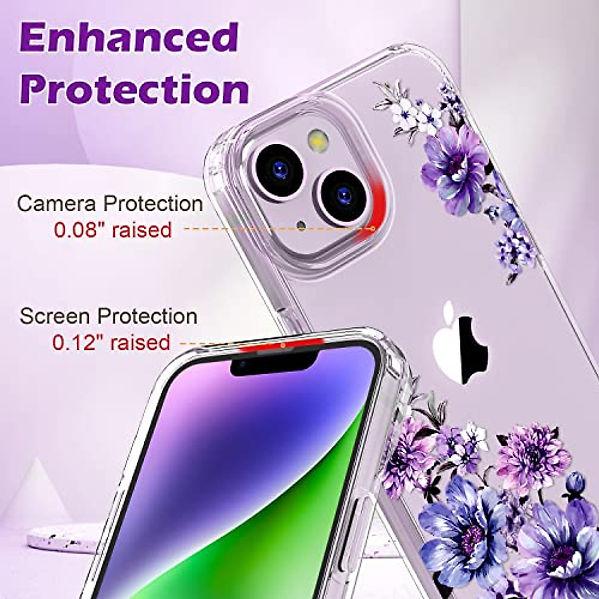 OKP Clear Flower Case for iPhone 14, with Screen Protector & Camera Lens Protector, Slim Shockproof Cute Floral Pattern Apple Phone 6.1 inch Protective Case for Women Girls 2022 Release, Purple Floral