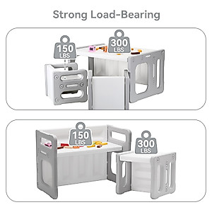 DOREROOM 4 in 1 Kids Table and 2 Chairs Set with Storage, Toddler Table and Chair Set for Kids Ages 3-10, Graffiti & Building Blocks Double-Sided Tabletop (Gray, 2 Chairs)