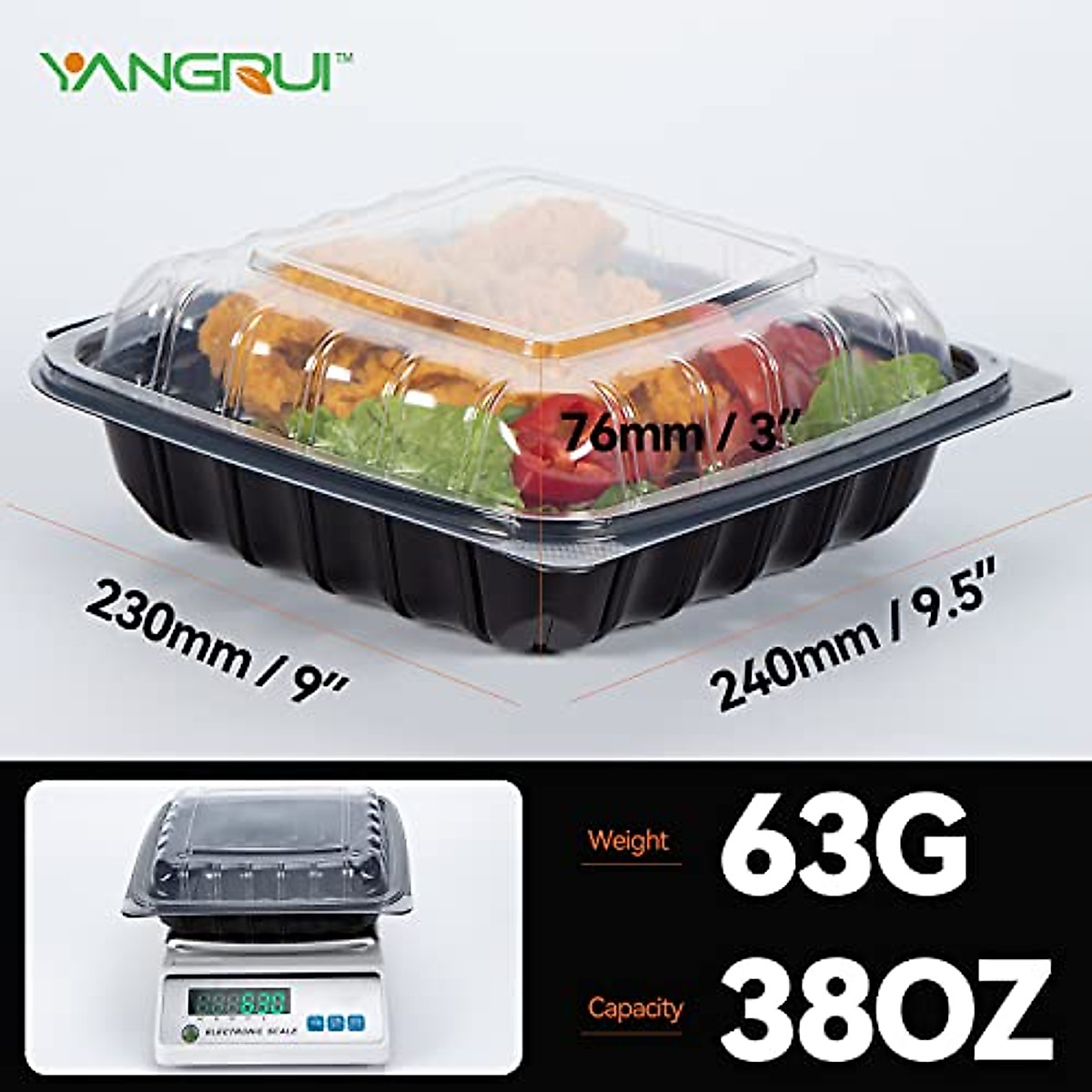 YANGRUI Take Out Containers, Large Capacity 45 Pack 9.5 Inch 38 oz BPA Free Anti-Fog Shrink Wrap Meal Prep Container Microwave Freezer Safe Plastic Hinged To Go Containers