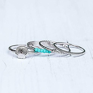 Pura Vida Silver Shell Ring Stack - Brass Base Band, Rhodium Plating - Size 8