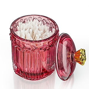 H&D HYALINE & DORA Pink Qtip Holder Dispensers Glass Apothecary Jars with Lids Bathroom Canisters Small Glass Jars for Cotton Ball, Cotton Swab