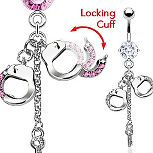 Pierced Owl 14GA 316L Stainless Steel CZ Crystal Dangling Handcuffs Belly Button Ring (Clear)