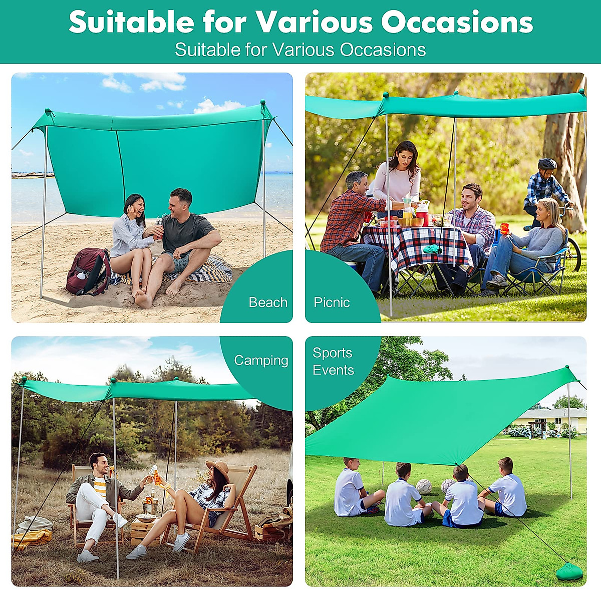 Tangkula 10 x 9 ft Family Beach Sunshade, UPF50+ Sun Shade Tent Canopy with Aluminum Poles, 4 Sandbag Anchor and 4 Peg Stake, Portable Beach Canopy Up to 7 People, Lightweight but Heavy Duty