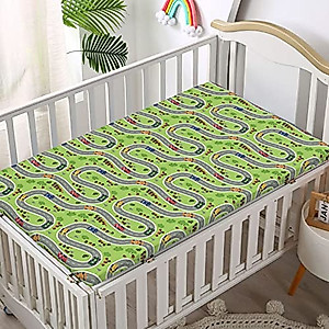Race Car Themed Fitted Crib Sheet,Standard Crib Mattress Fitted Sheet Ultra Soft Material-Great for Boy or Girl Room or Nursery,28“ x52“,Green Multicolor
