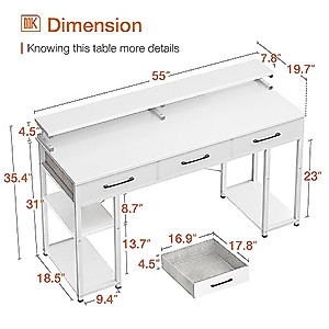 ODK Computer Desk with Drawers and Storage Shelves, 55 inch Home Office Desk with Monitor Stand, Modern Work Study Writing Table Desk for Small Spaces, White + White Leg