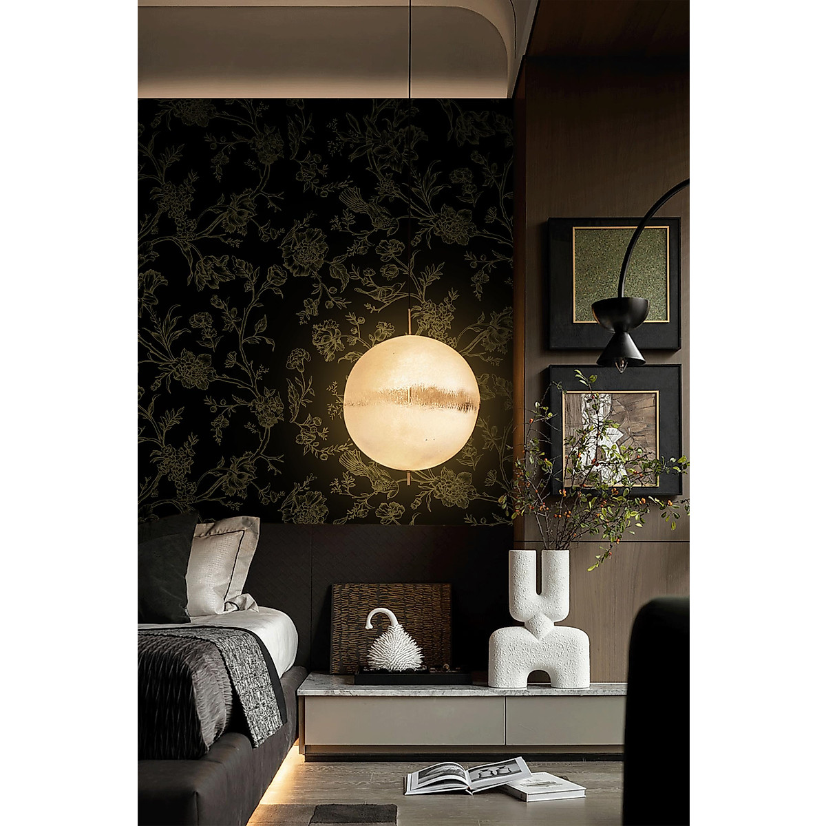 Safiyya Peel and Stick Wallpaper Gold and Black Contact Paper Floral Birds Wallpaper Peel and Stick Removable Wallpapr Boho Wallpaper Flower Contact Paper for Cabinets Vinyl Rolls 118"x17.3"