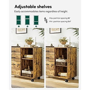 FEZIBO 3-Drawer Mobile File Cabinet, Lateral Filing Cabinet with Lock, Printer Stand with Open Storage Shelves for Home Office, Rustic Brown