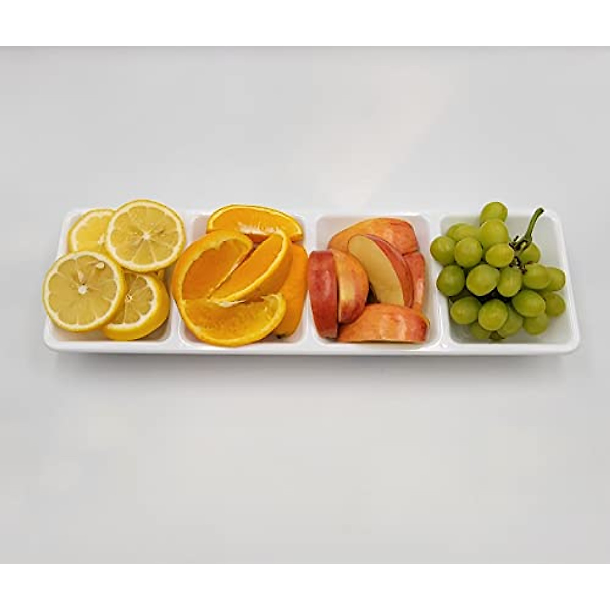 Party Bargains Disposable Sectional Rectangular Serving Tray White [8 Pack] 5 x 16 Inches. 4 Compartments Plastic Serving Tray for Weddings, Buffets, Dinner, Birthday Parties