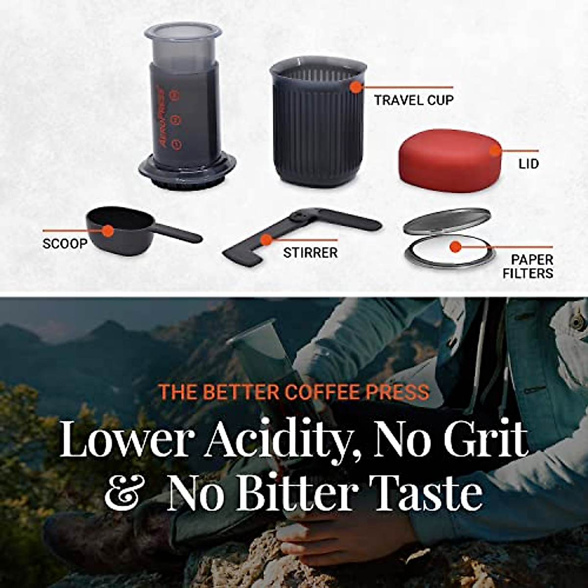 Aeropress Go Portable Travel Coffee Press Kit, 1-3 Cups in a Minute, Coffee, Espresso, & Cold Brew Maker, Manual Coffee Making Machine for Travel, Includes Mug & Lid