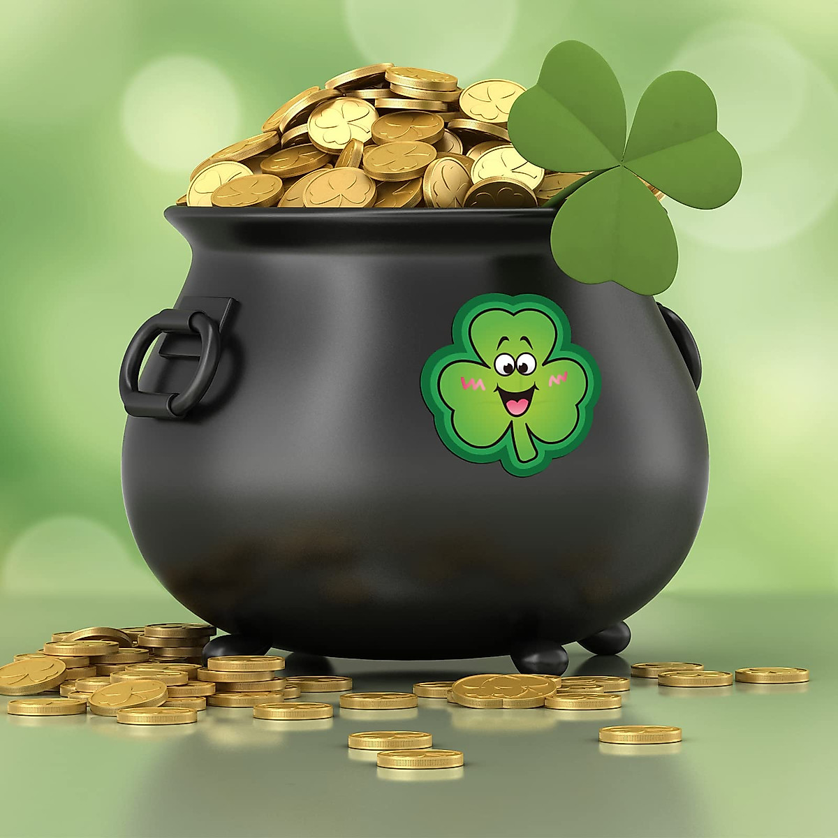 Whaline 1000Pcs St. Patrick's Day Stickers Green Shamrock Shape Stickers in Roll 1.5Inch Clover with Assorted Expressions Label Self-Adhesive Stickers for Irish Party Seals Cards Envelopes, 8 Design