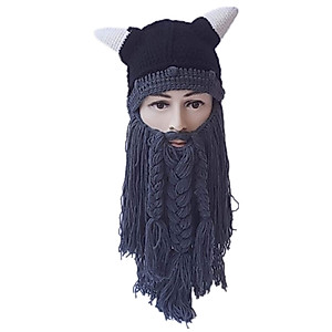 Funny Knit Hat Creative Beanie Beard Original Barbarian Knit Beard Hat Halloween Caps Beard Facemask (Long Grey)