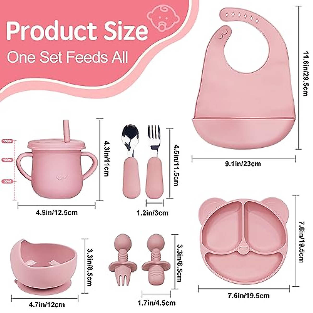 Silicone Baby Feeding Set 10 Pack, Baby Led Weaning Supplies with Suction Bowl Divided Plate, Toddler Self Feeding Dish Set with Bib and Plate, Spoon and Fork, Nipple and Teether, Sippy Cup and Lid