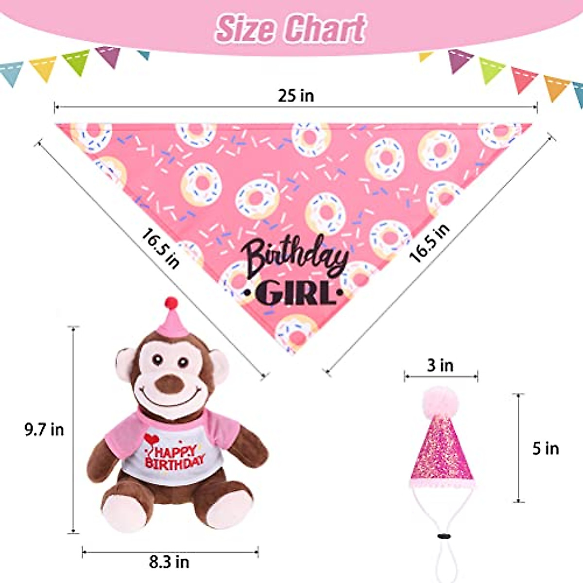 EXPAWLORER Dog Birthday Bandana Set - Cute Hat and Squeaky Monkey Toy for Birthday Party Supplies Gift - Great for Small Medium Large Dogs
