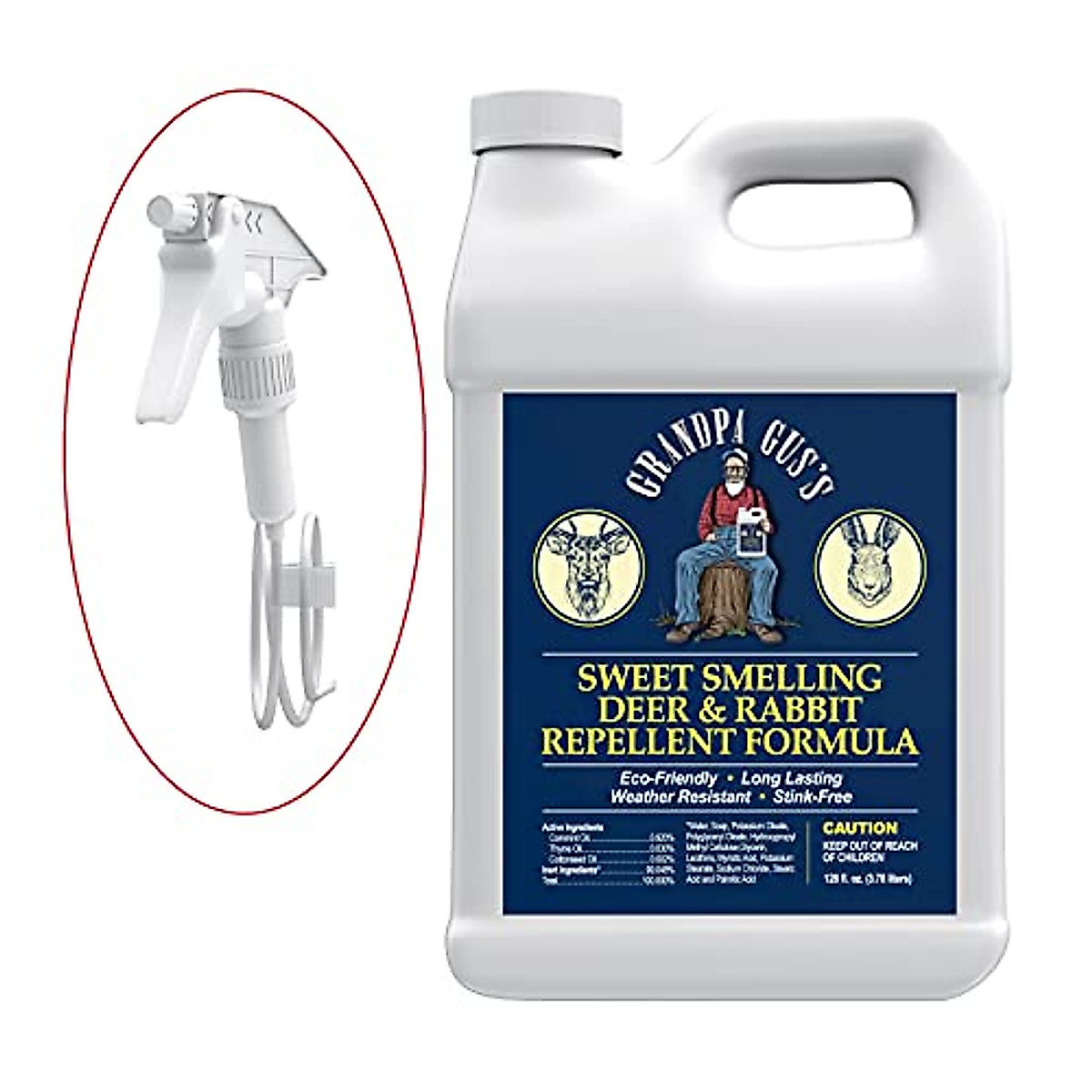 Grandpa Gus's Deer & Rabbit Repellent Spray with Extended Hose; Protects Garden & Yard, Sweet Smelling Formula with Natural Essential Oils, Weather-Resistant Stink-Free Long-Lasting Scent, 128 oz