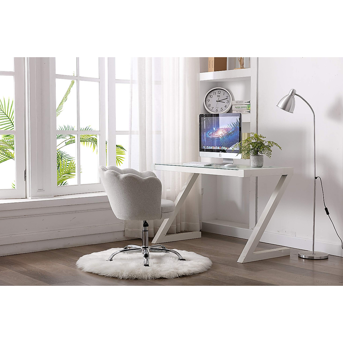 SSLine Home Office Chair,Modern Living Room Chair Linen Fabric Shell Accent Chair,360° Upholstered Adjustable Swivel Armchair Reception Chair for Office, Living Room,Bed Room (Beige)