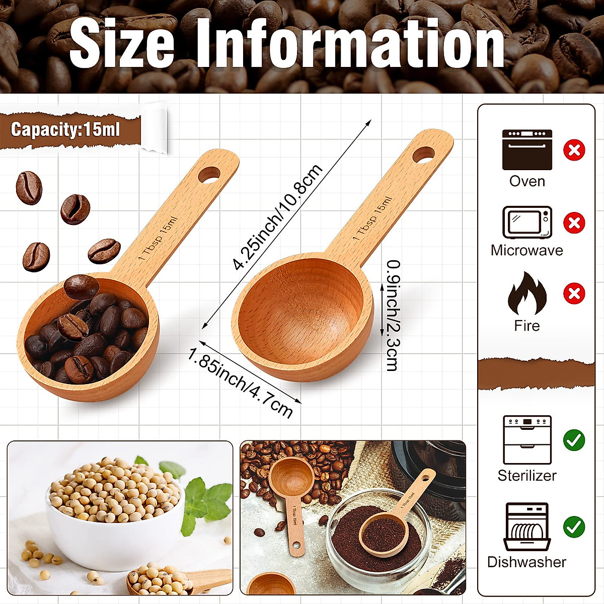 4 Pieces Coffee Scoop Wooden Coffee Spoon in Beech, Wood Coffee Measure Scoop Wooden Tablespoon for Measuring Coffee Beans or Tea Home Kitchen Accessories (15 ml)