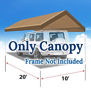 BenefitUSA Canopy ONLY 10'x20' Carport Replacement Canopy Outdoor Tent Garage Top Tarp Shelter Cover w Ball Bungees (Tan)
