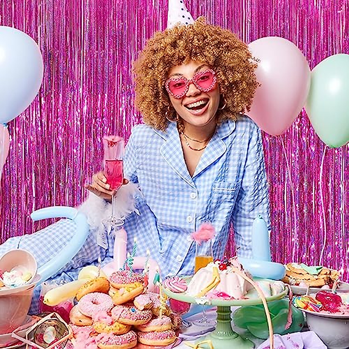 Hot Pink Metallic Tinsel Foil Fringe Curtains, 2 Pack 3.3x8.3 Feet Streamer Backdrop Curtains for Birthday Party Decorations, Halloween Decor, Foil Curtain Backdrop for Bachelorette Party